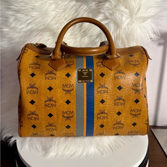 MCM | Bags | Mcm Brown And Blue Boston Bag Iconic Monogram Travel ...